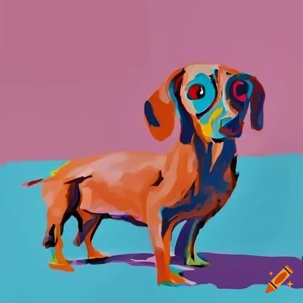 Draw a happy and handsome sausage dog in the style of the artist David ...
