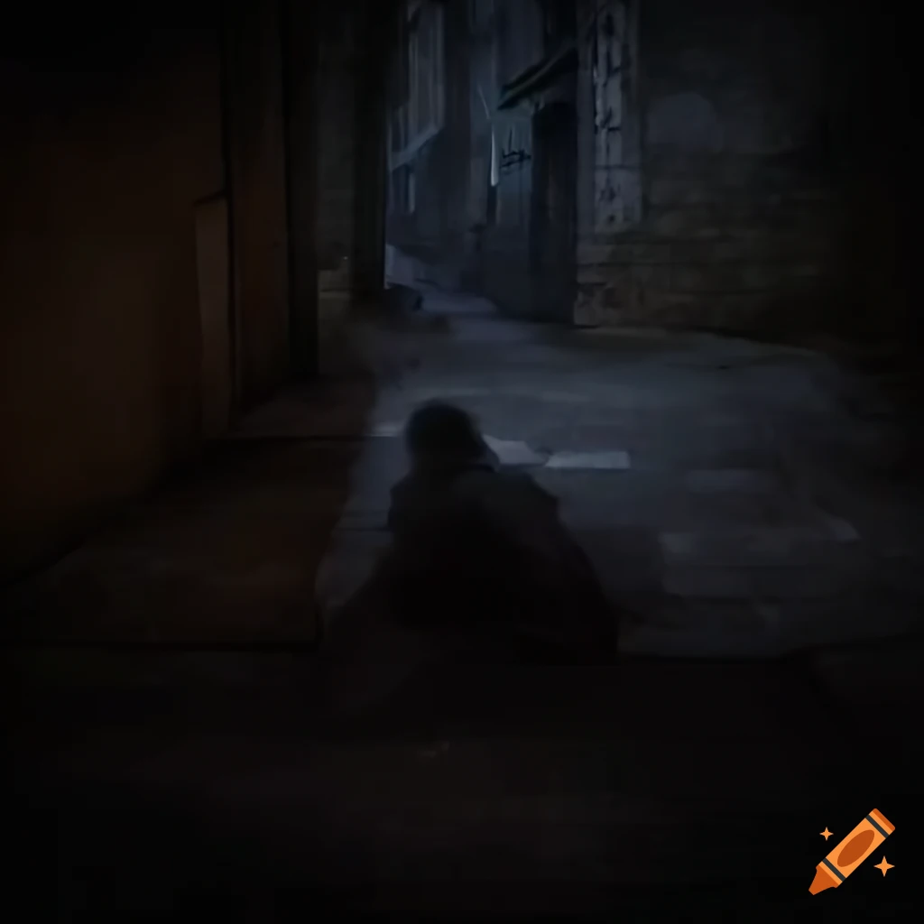 A man lying on the ground in a very dark street at night