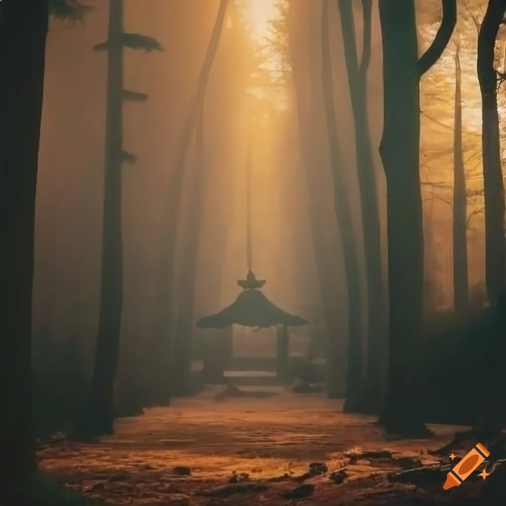 Trees in koyasan cemetery, foggy, golden hour on Craiyon