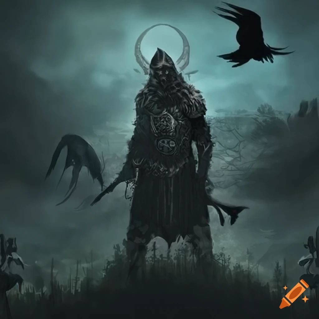 A fierce warrior surrounded by ravens in a haunting atmosphere on Craiyon