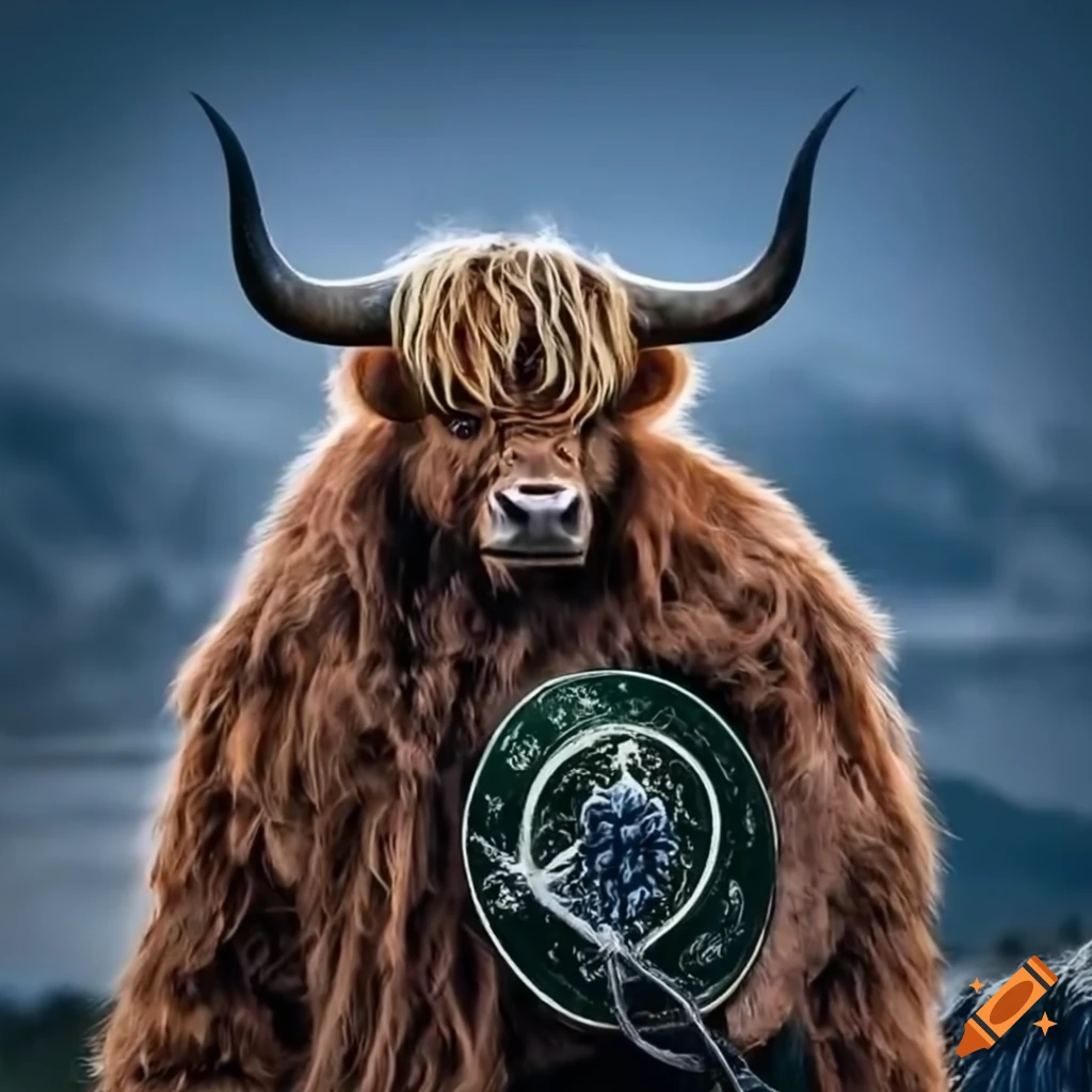 A majestic minotaur with highland cattle features and wearing a kilt on ...