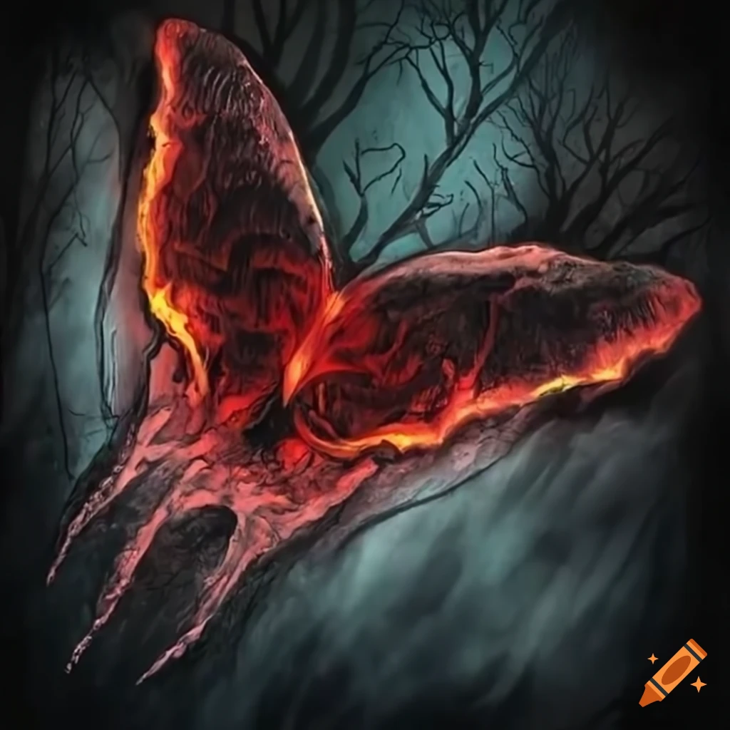 Hellfire butterfly in a magical forest with lava flowing trees on Craiyon