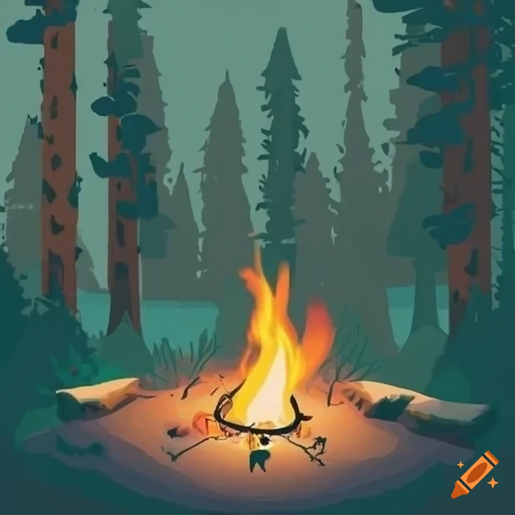 Forest with campfire and river in style of sierra game
