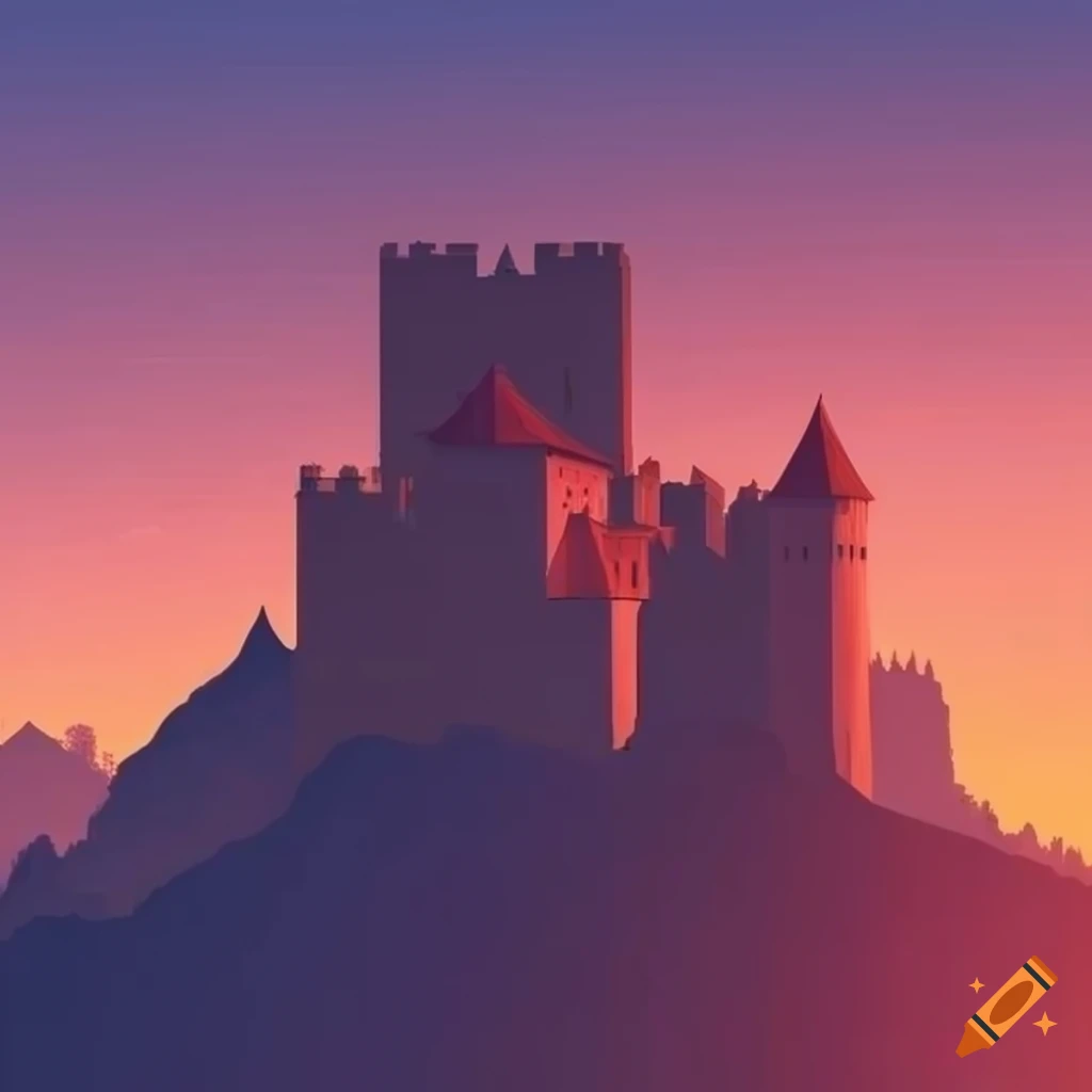 Medieval town towered by a medieval castle, majestic mountains in the ...