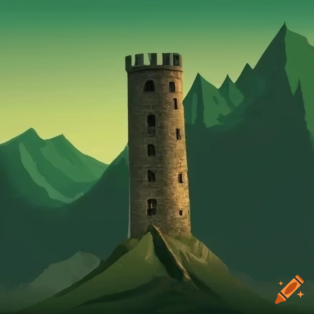 A medieval tower, realistic style, tall mountains in the background ...
