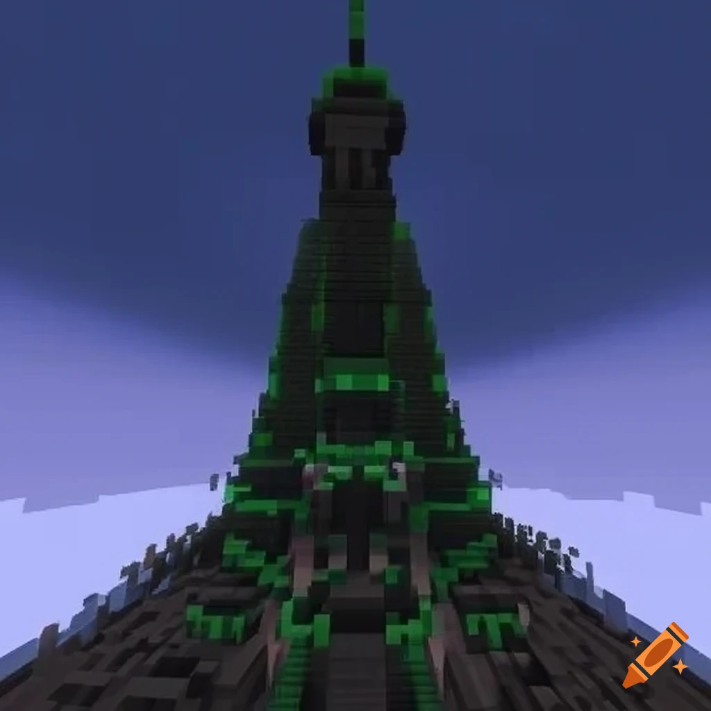 A tall, black minecraft megabase tower with green accents, lightning ...