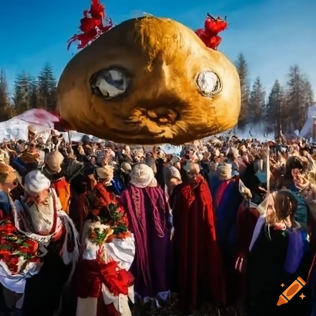 A funeral ceremony of the alien with big head sunny day mountains ...