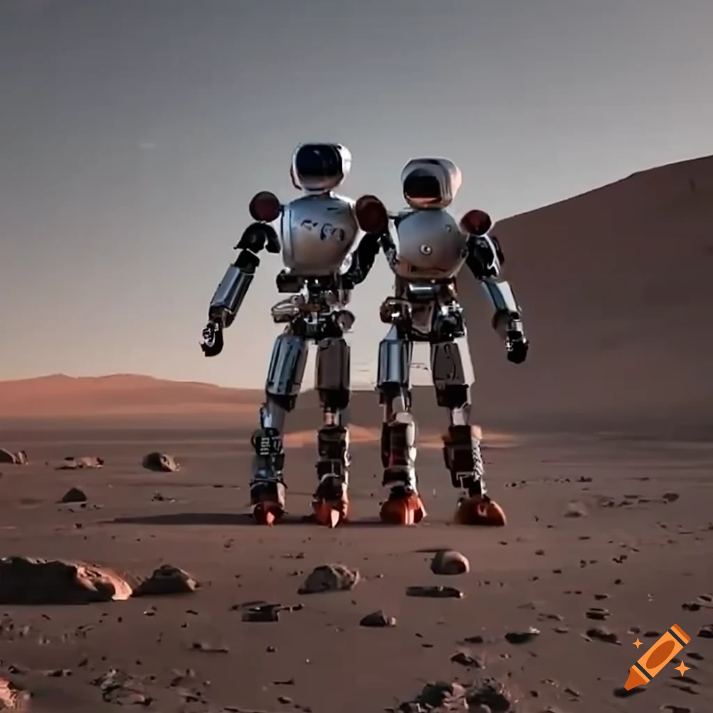 Two humanoid robots with two legs each hug romantically on mars crater ...