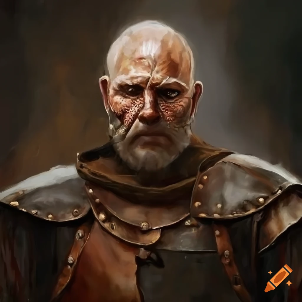 Oil painting of rugged knight with detailed face in leather armor