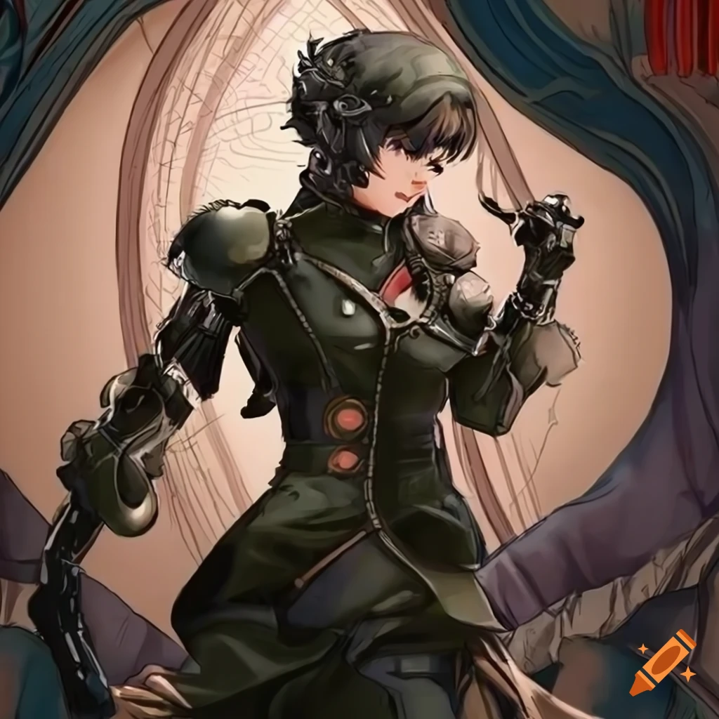 Anime cyborg woman wearing german military uniform in art nouveau style ...