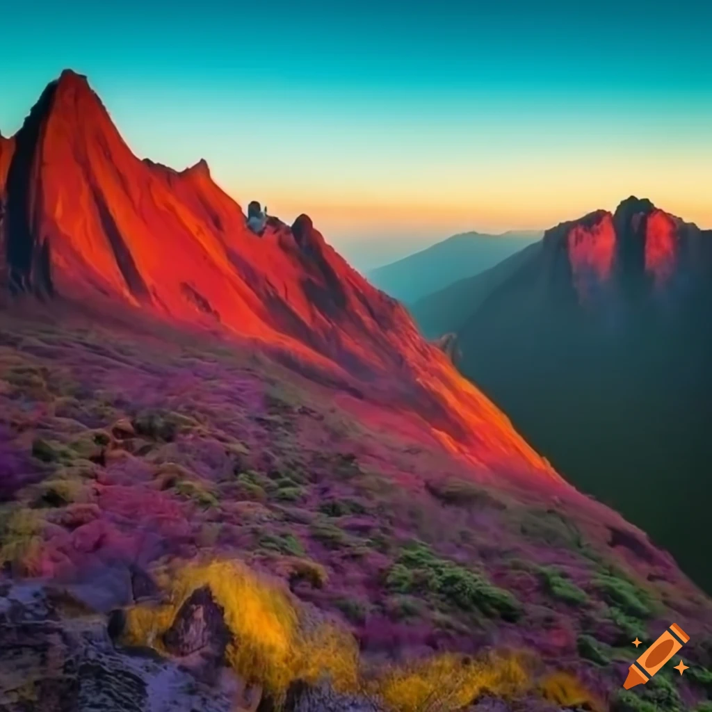 Colorful psychedelic mountain scape, atmospheric, distance