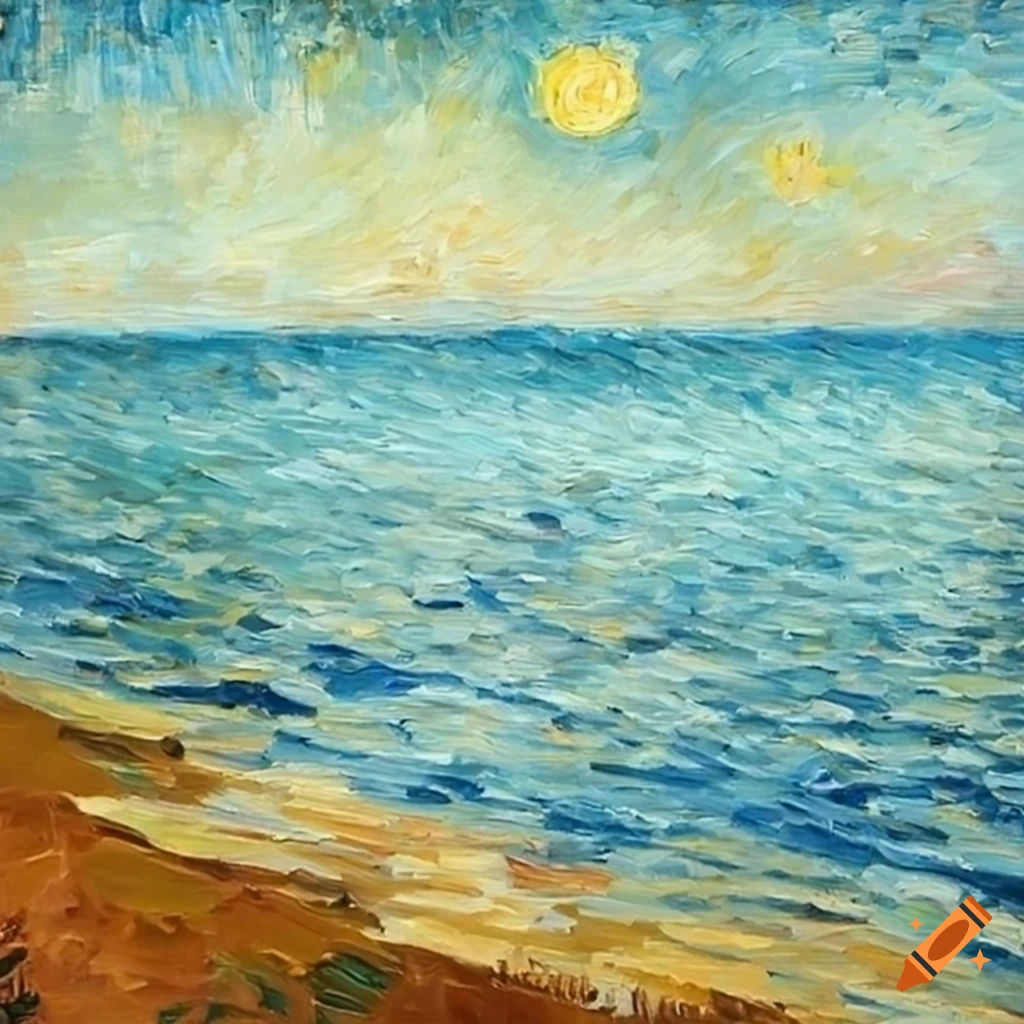 Van gogh oil painting of a sunny midday sea from the shore pov