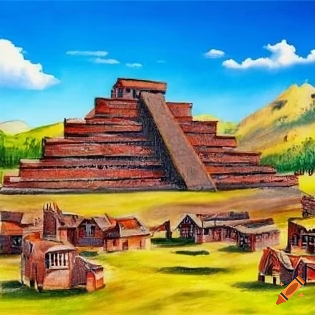 Sharp, wide, vista view, vibrant color pencil drawing of pre-columbian ...