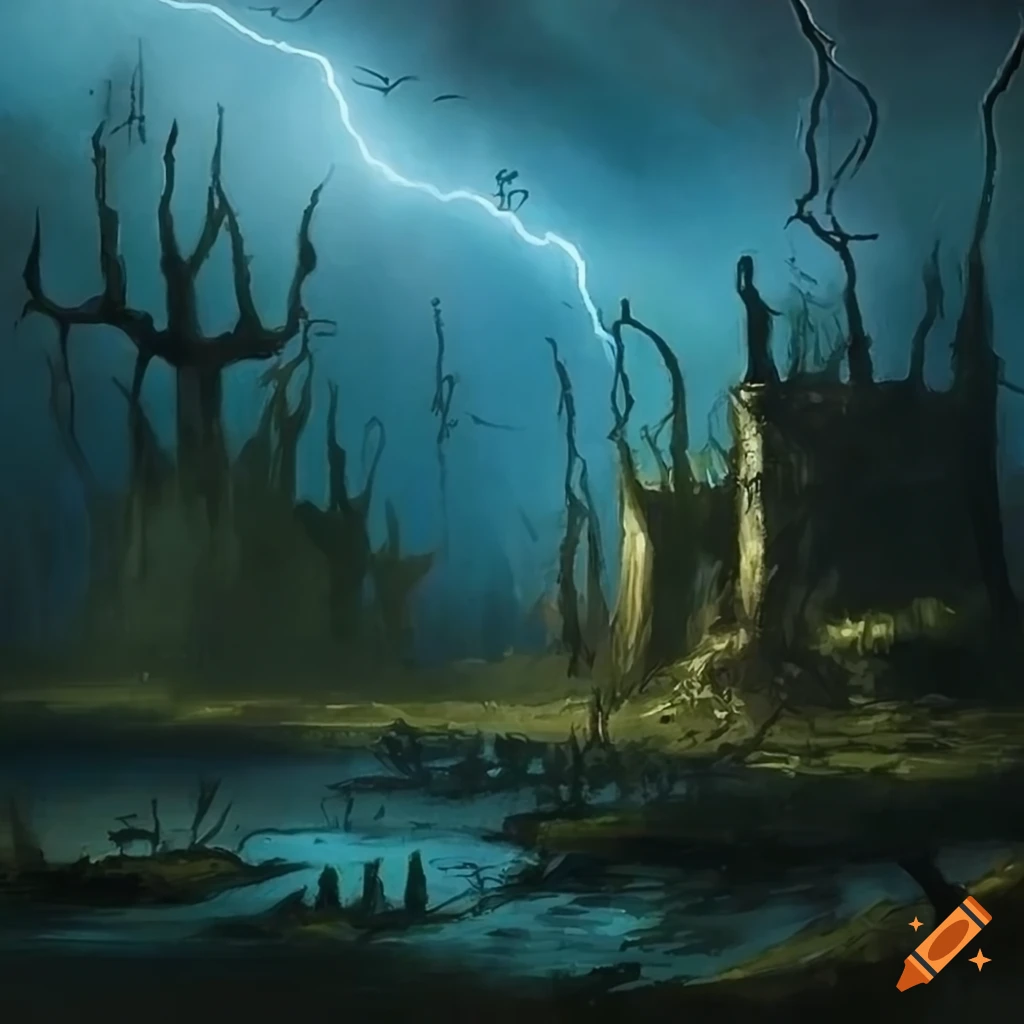 An eerie swamp swallowing a deserted town during a lightning storm ...