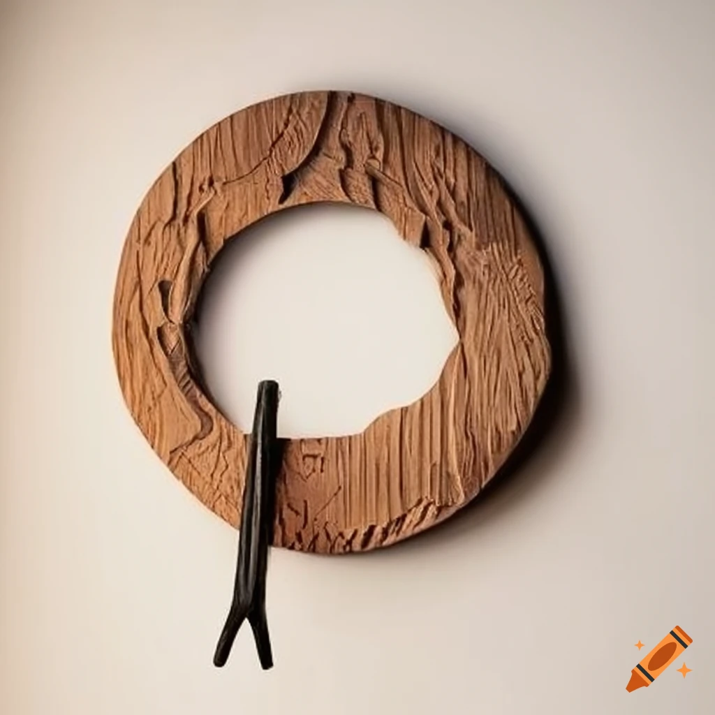 Art installation rustic pitchfork, millstones, carved wood