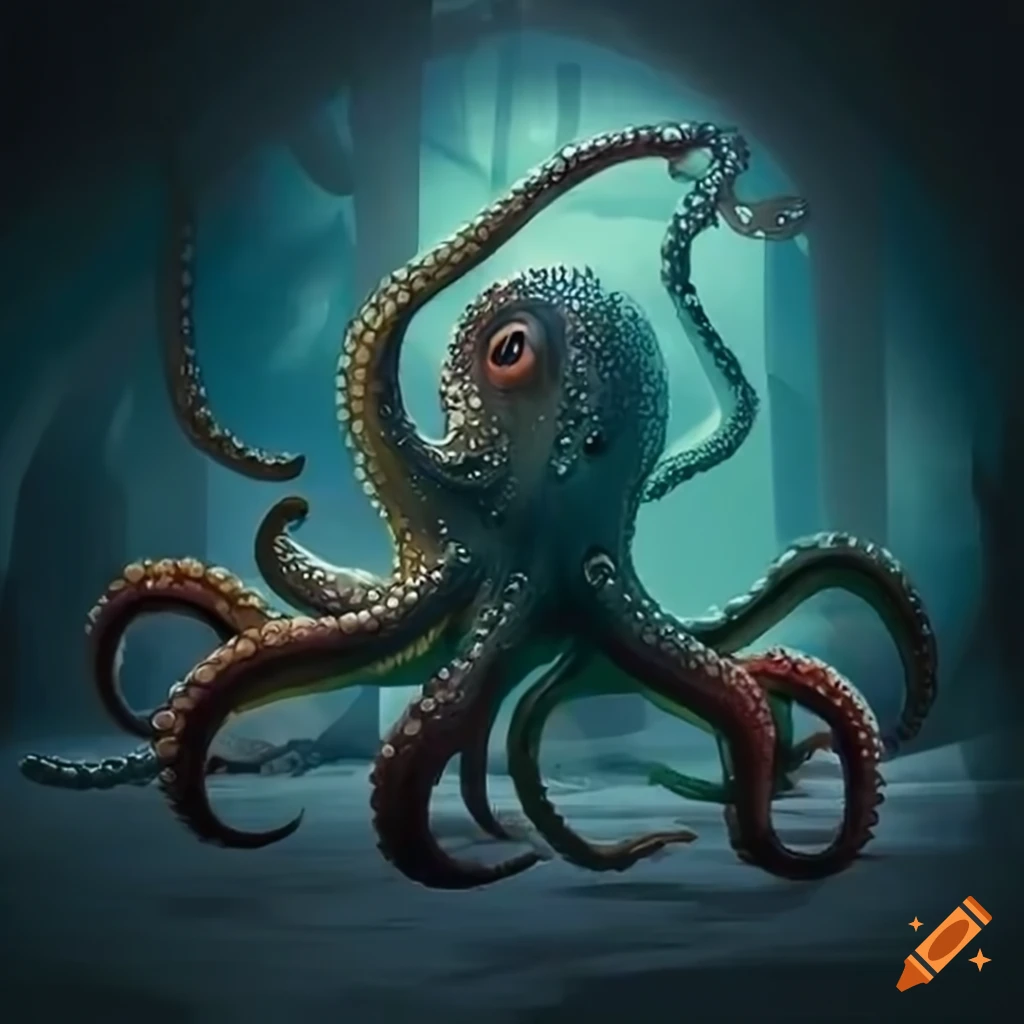 Magic creature playing with an octopus