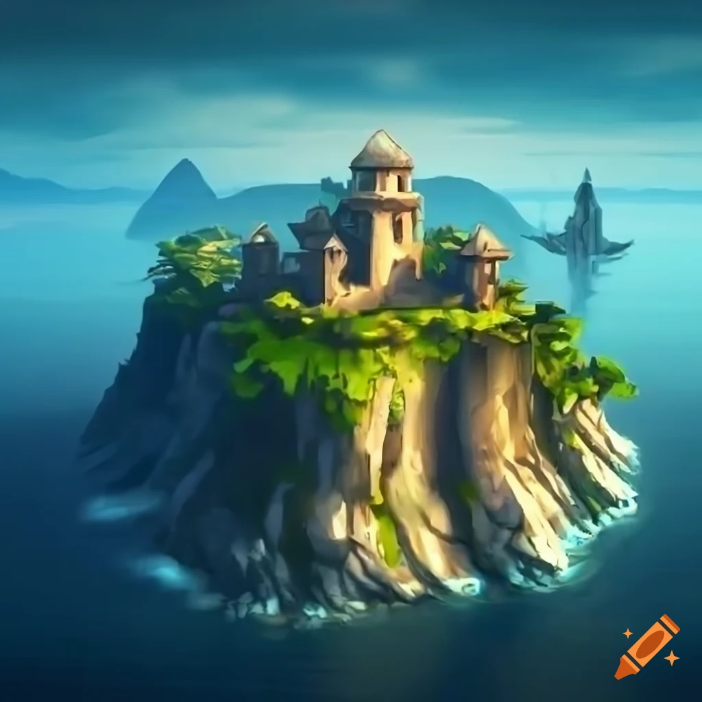 Digital art of a fantasy-inspired ocean island. There is a picturesque seaside village in the ...
