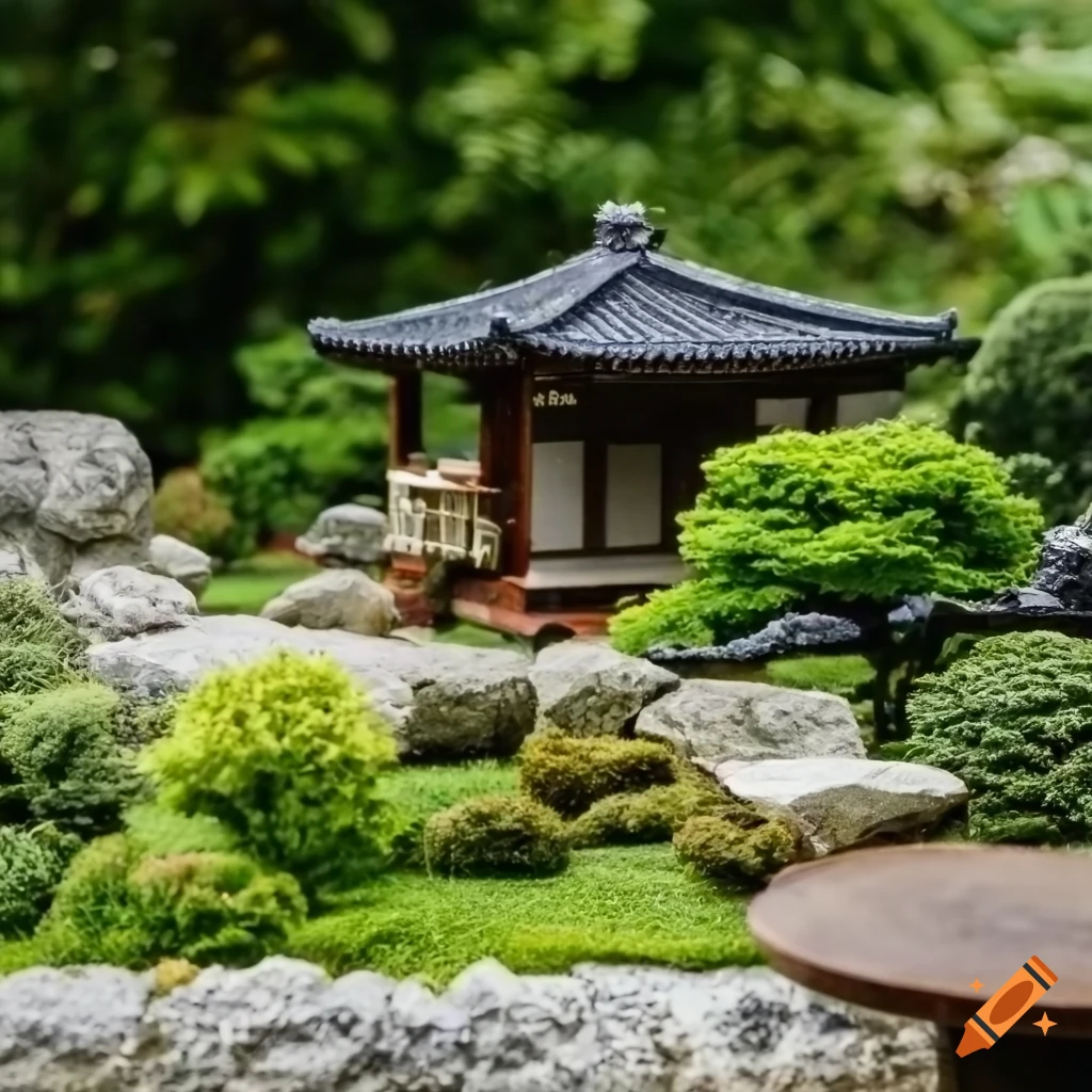 Professional photography of a miniature Japanese oriental garden set ...