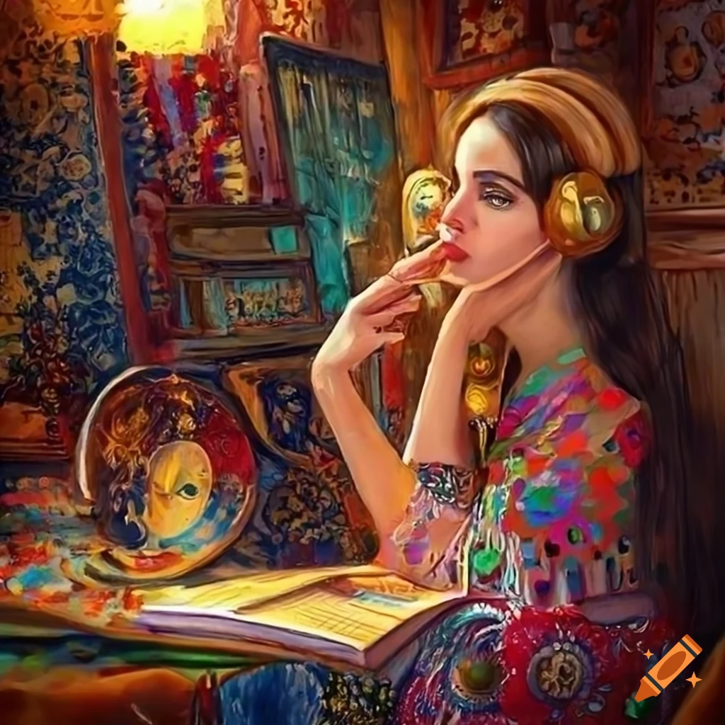 Photorealistic painting of a woman, sitting alone in a persian-styled ...
