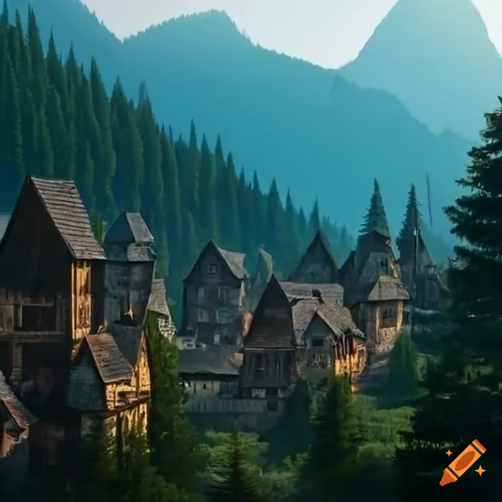 A small medieval town set in a forest of pine trees surrounded by ...