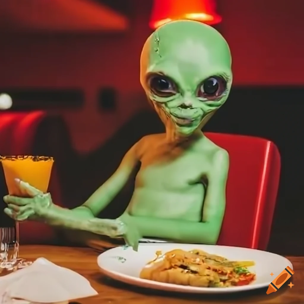 A funny alien enjoying a meal at a fast food restaurant on Craiyon