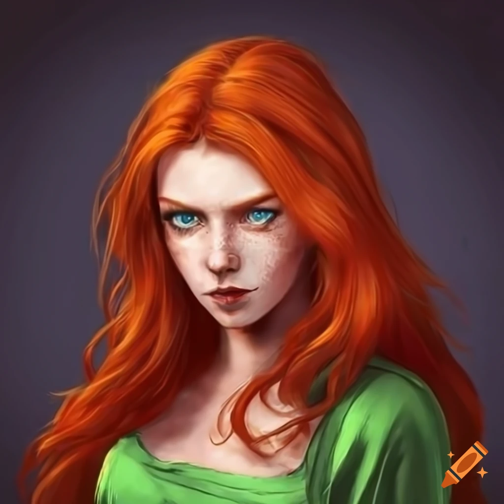 Female wizard with blue eyes, red hair, freckles on the nose and a scar ...
