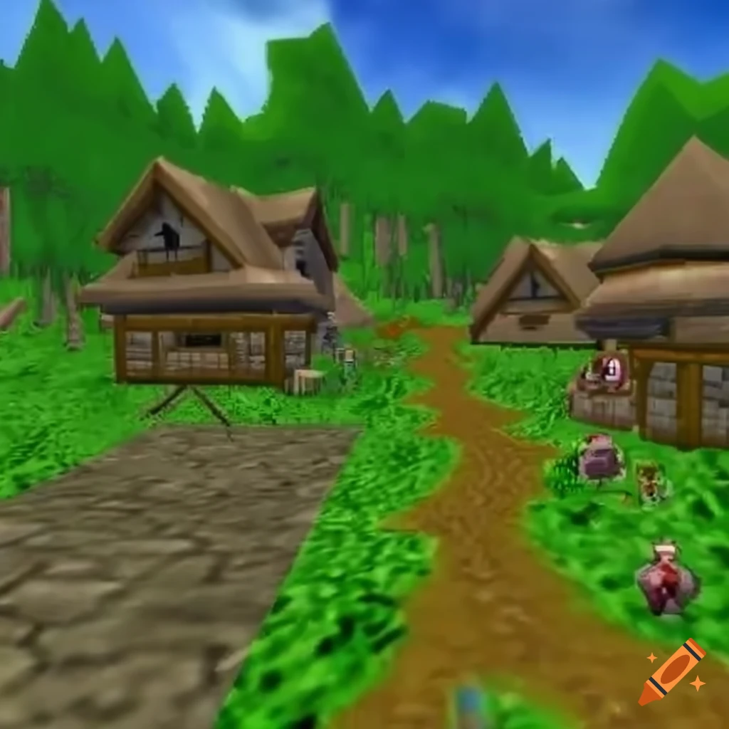Screenshot of a fantasy forest village in a Nintendo 64 game on Craiyon