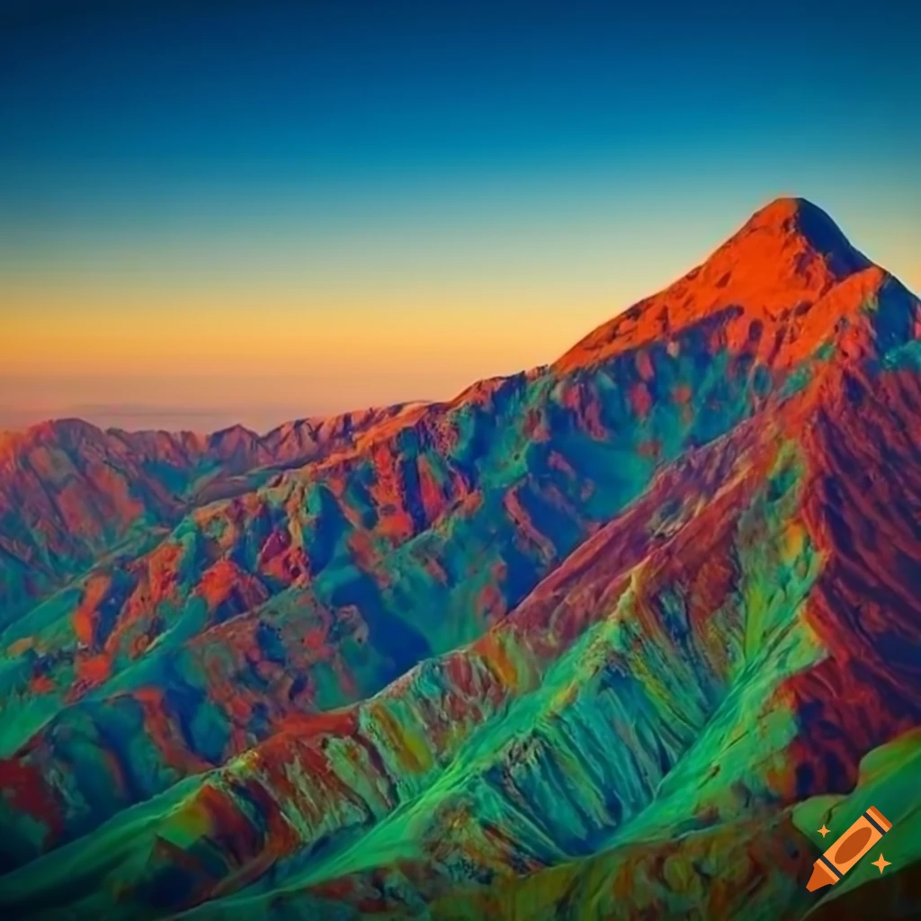 Colorful psychedelic mountain scape, atmospheric, distance