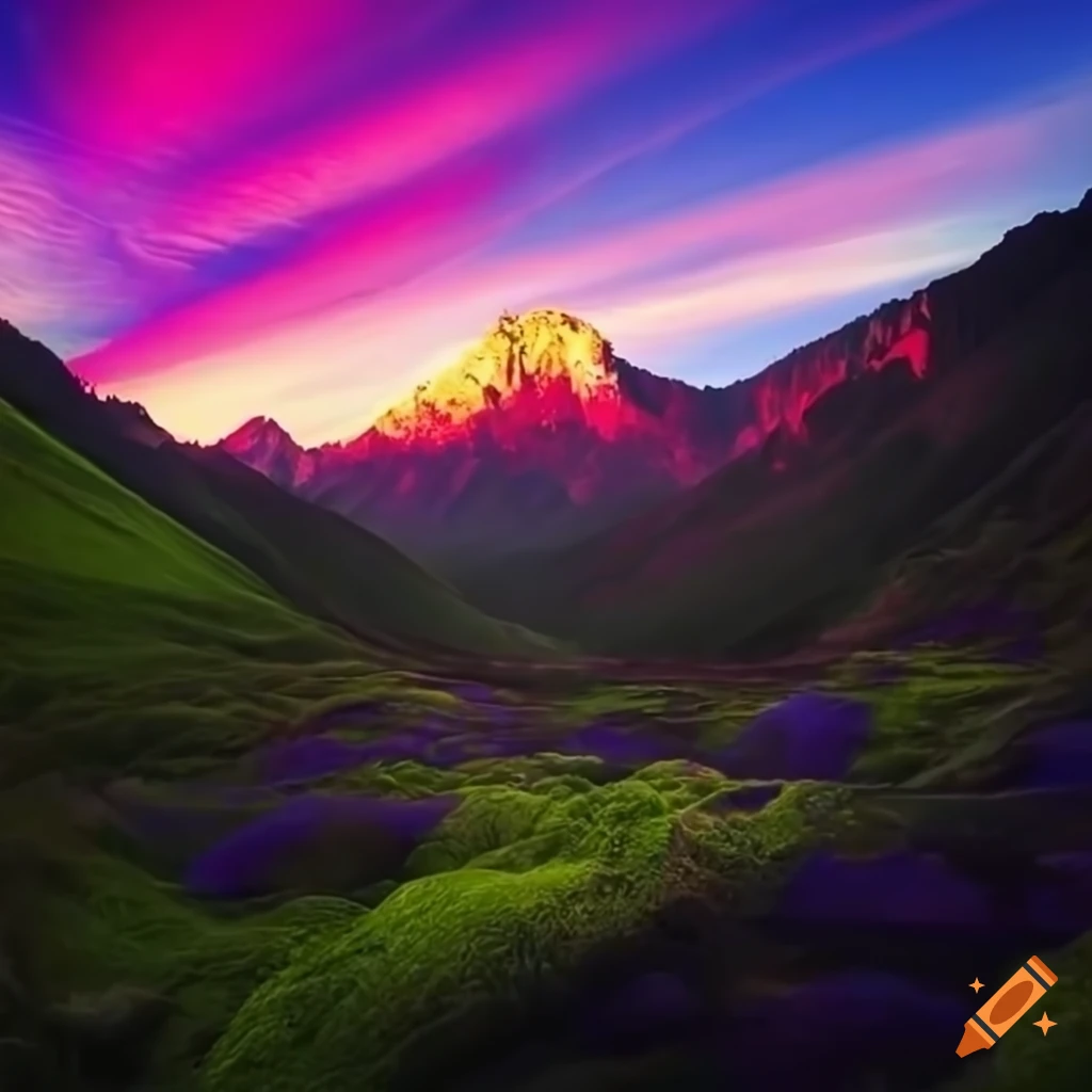 Colorful psychedelic mountain scape, atmospheric, distance on Craiyon