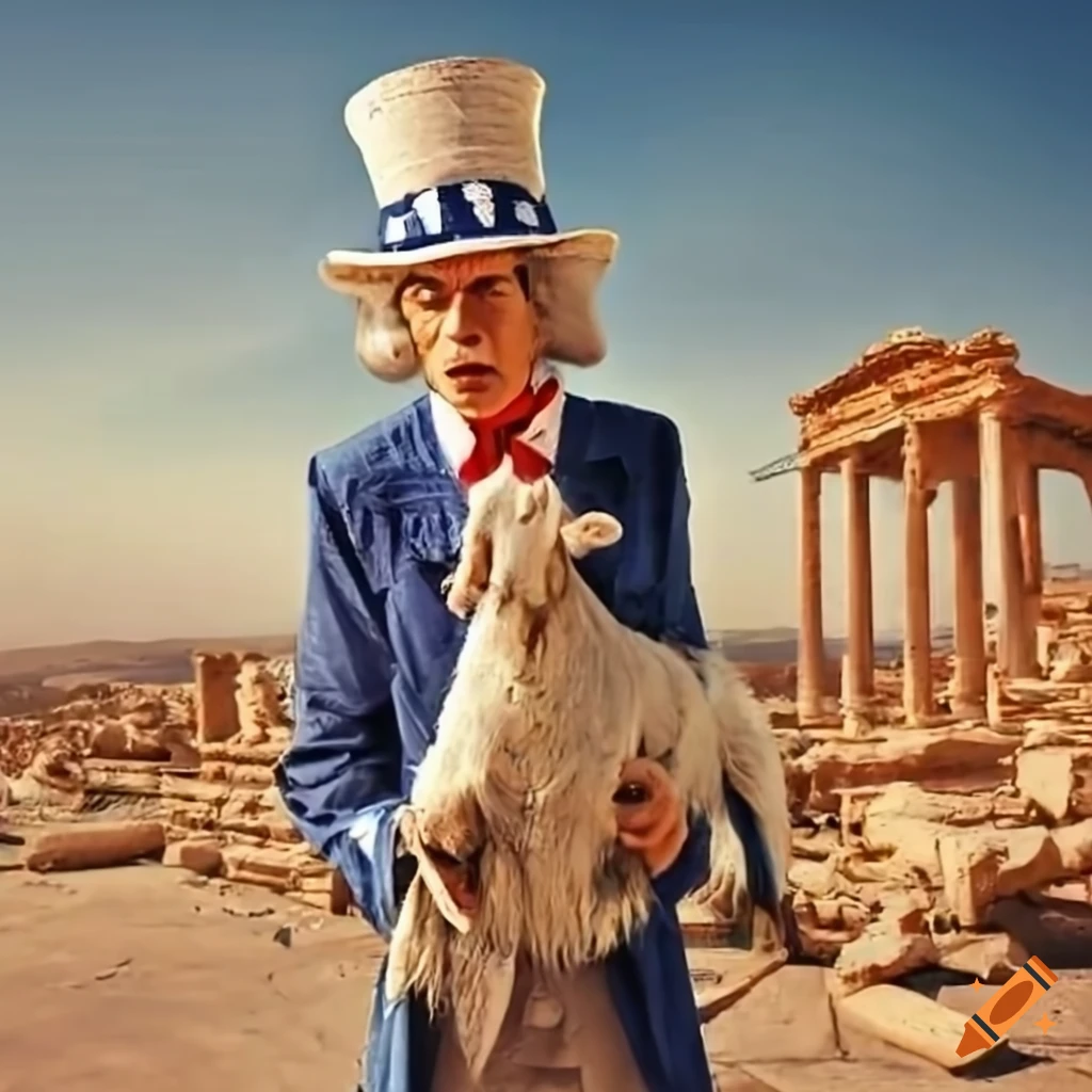 Uncle sam with a goat in palmyra, syria on Craiyon