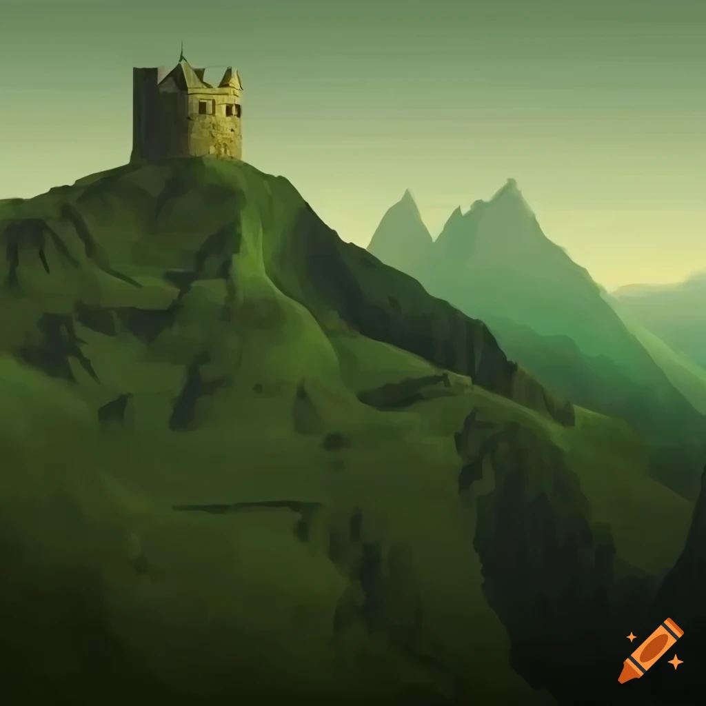 A medieval tower, tall mountains in the background, green tones on Craiyon