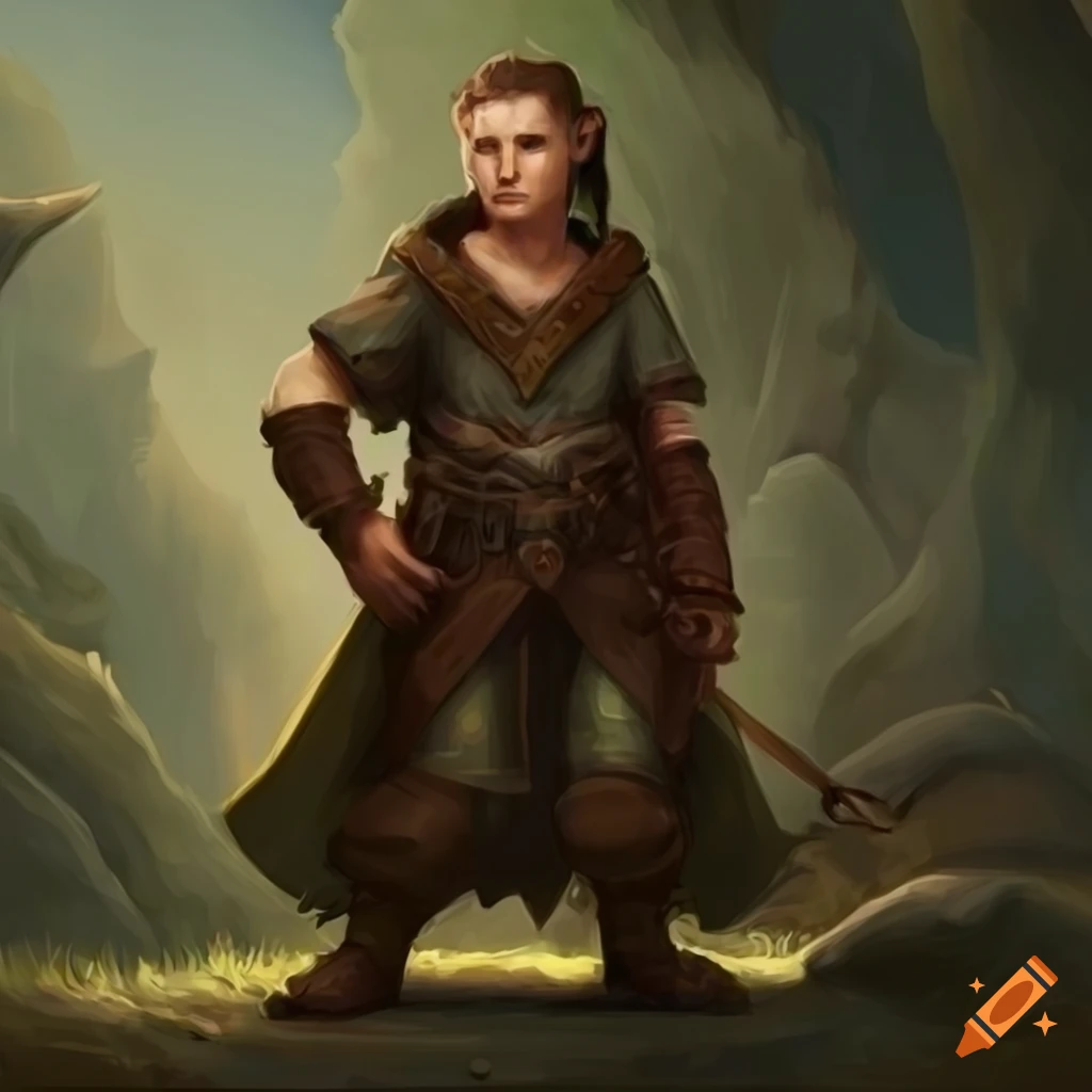 A resilient male halfling with layered attire exploring the wilderness