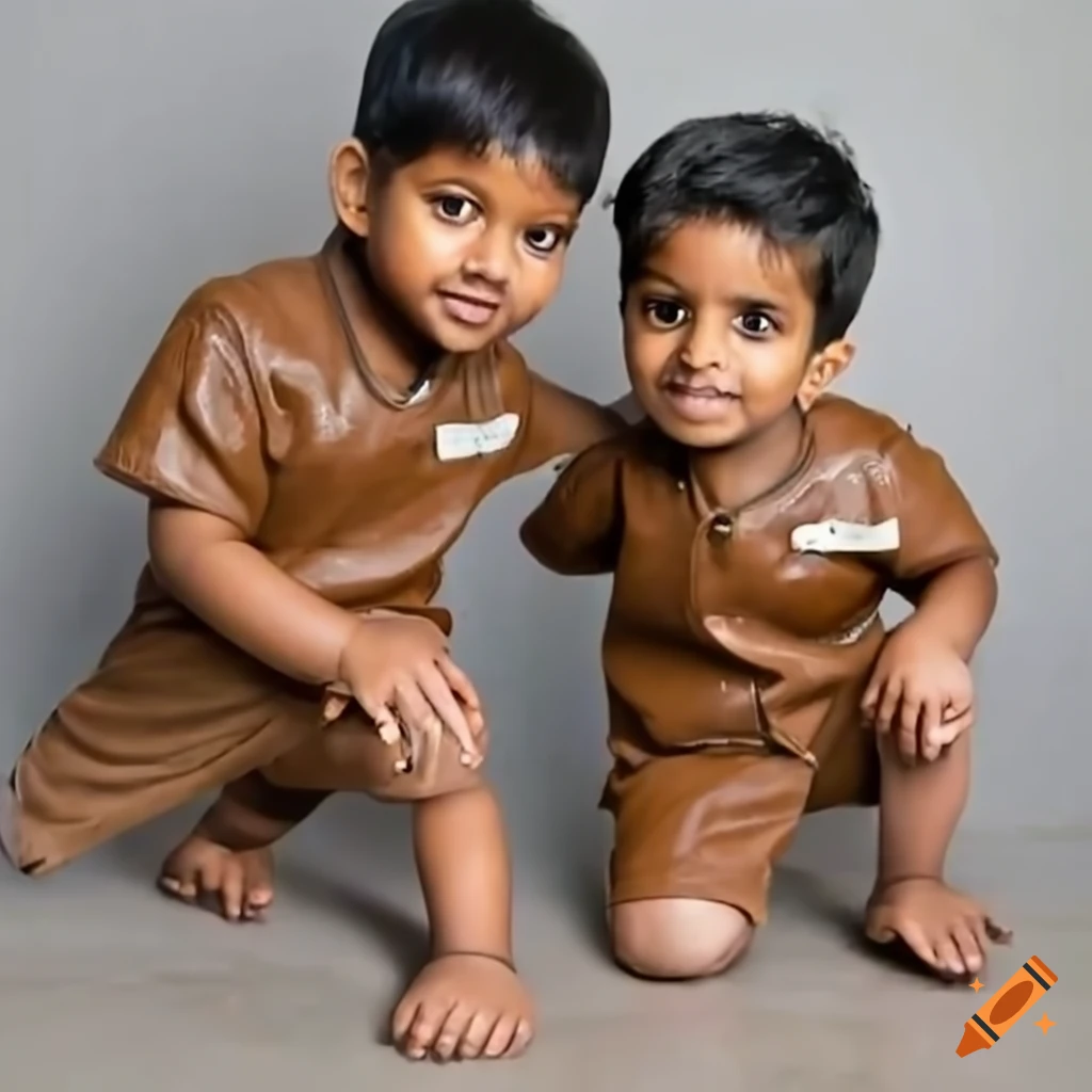 Two indian toddler boys in light brown leather hospital scrubs crouching