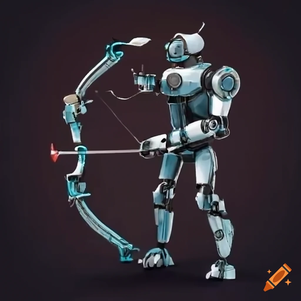 Robot shooting bow and arrow and hitting bullseye