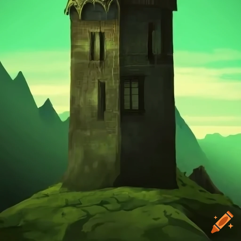 A medieval tower, realistic style, tall mountains in the background ...