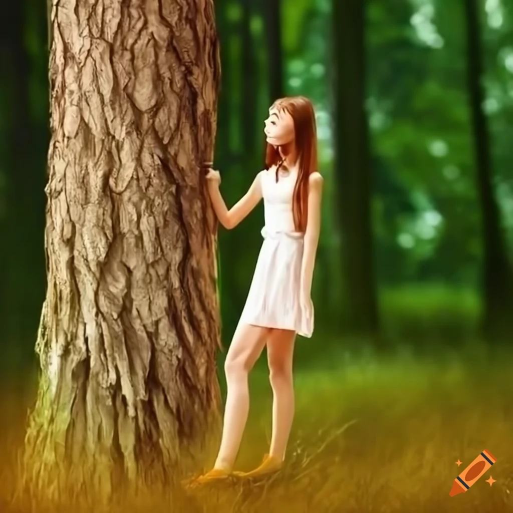 A girl is standing in a forest near a tree on Craiyon