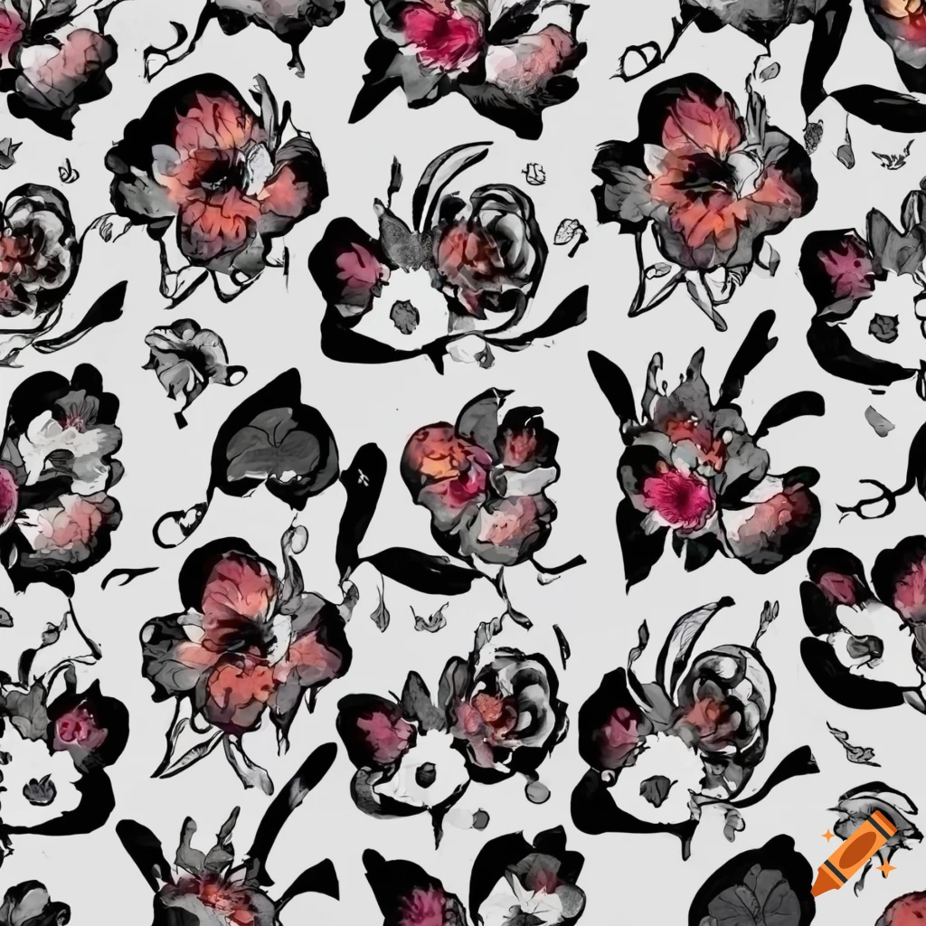 Seamless, repeating floral pattern, vivid colors, black outline ...