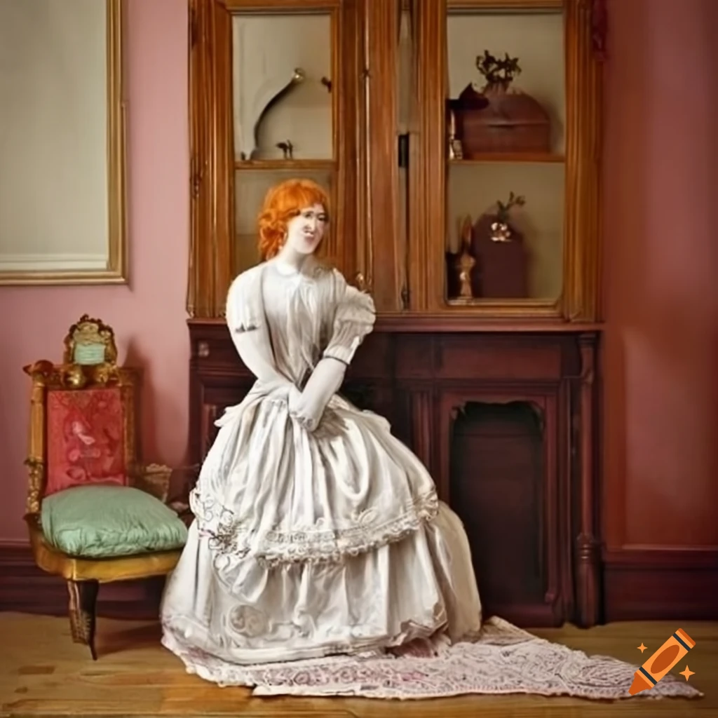 Full length red-haired victorian woman in room