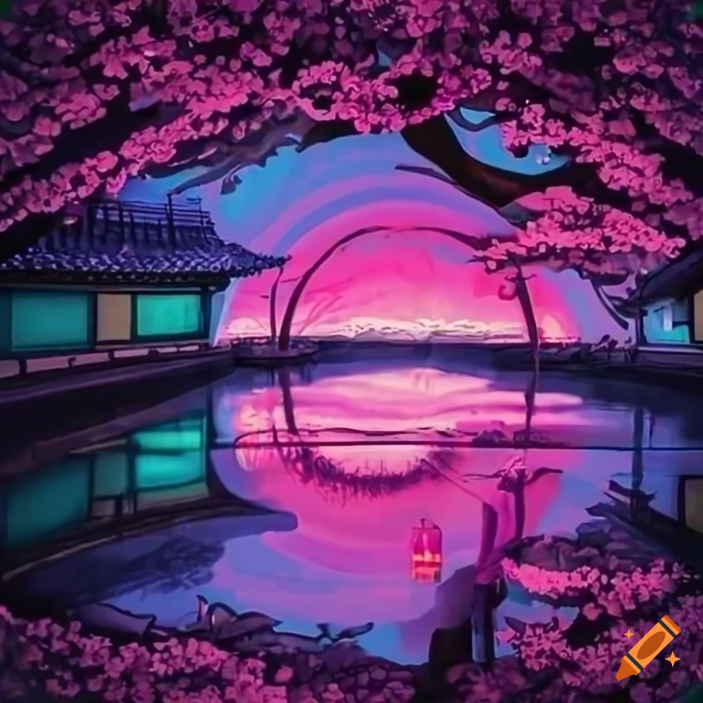 Cherry blossom, japanese, river, wave, neon