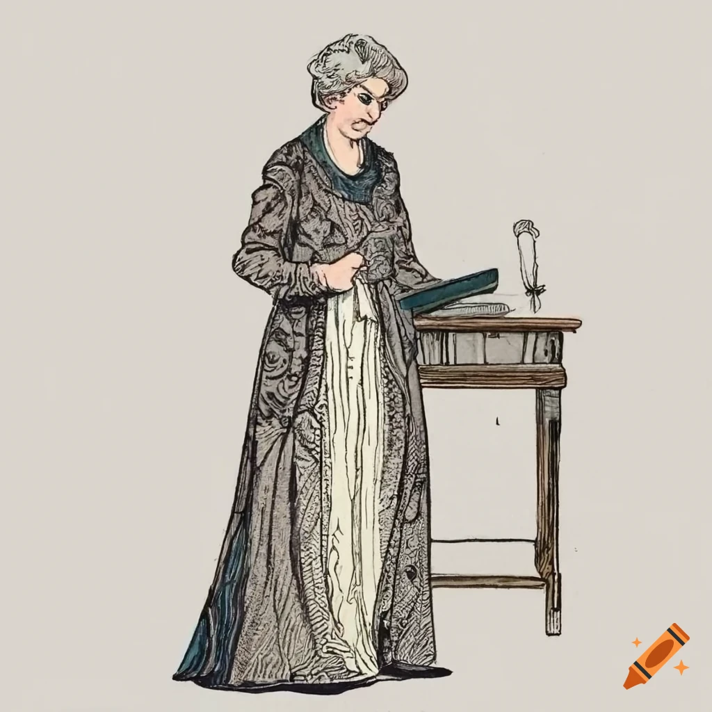 Full-length drawing of an old woman librarian in art nouveau style on ...