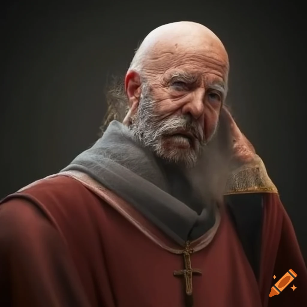 An older bald man, who is a religious leader. he is wearing a robe and ...