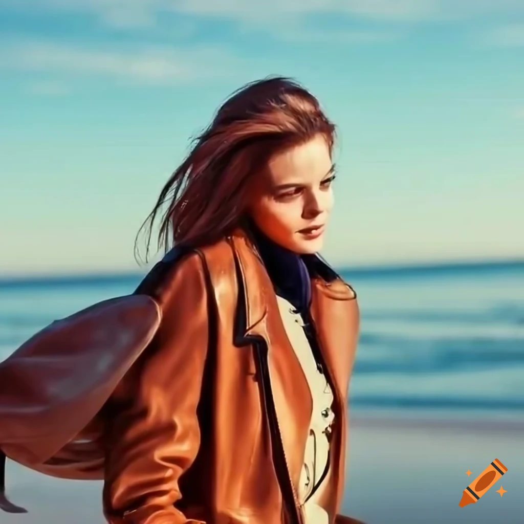 Actress in a stylish leather jacket walking on the beach on Craiyon