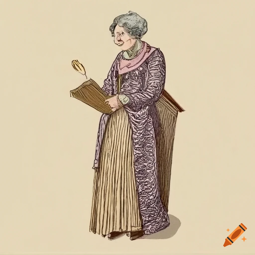 Full-length drawing of an old woman librarian in art nouveau style on ...