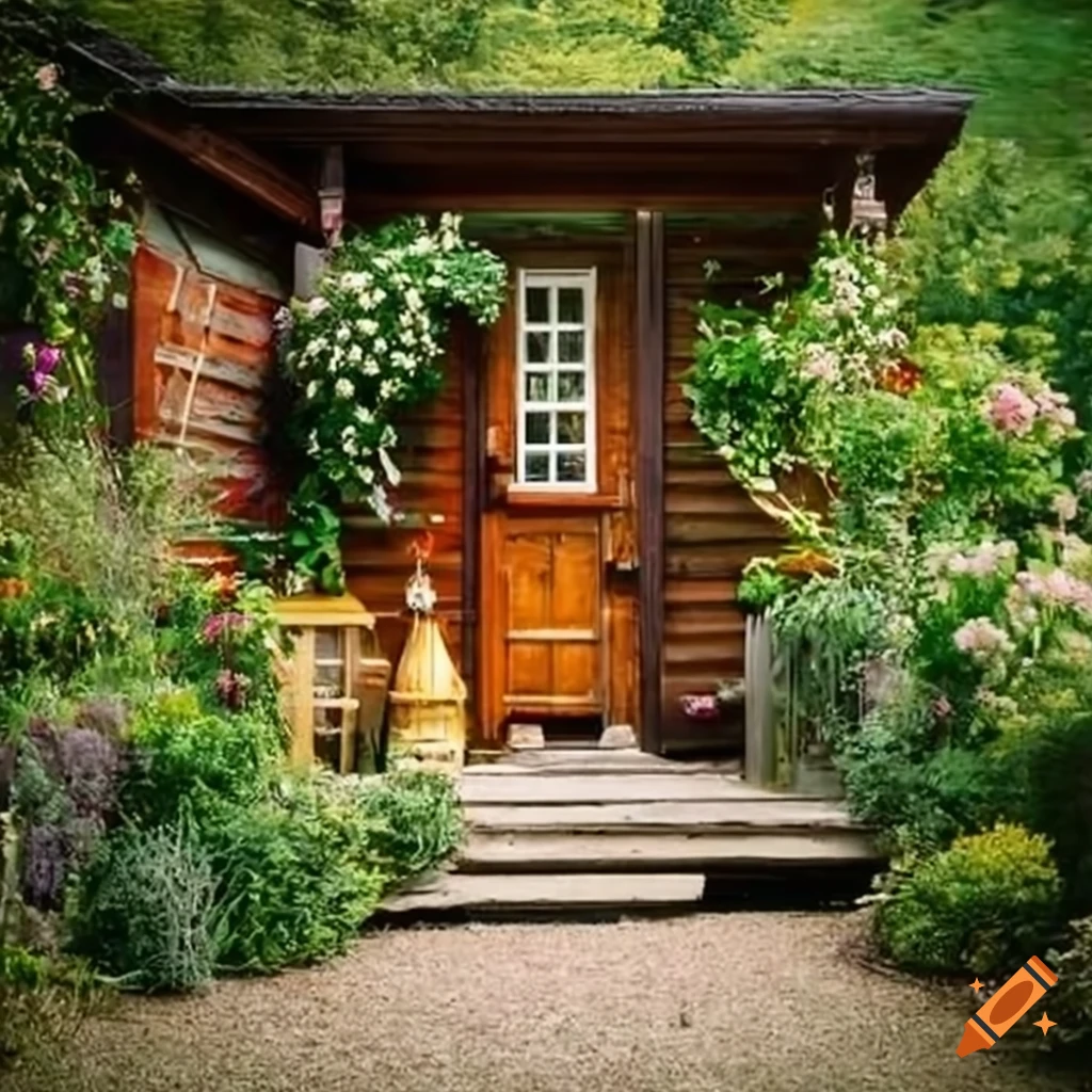 A charming garden cabin adorned with beautiful flowers