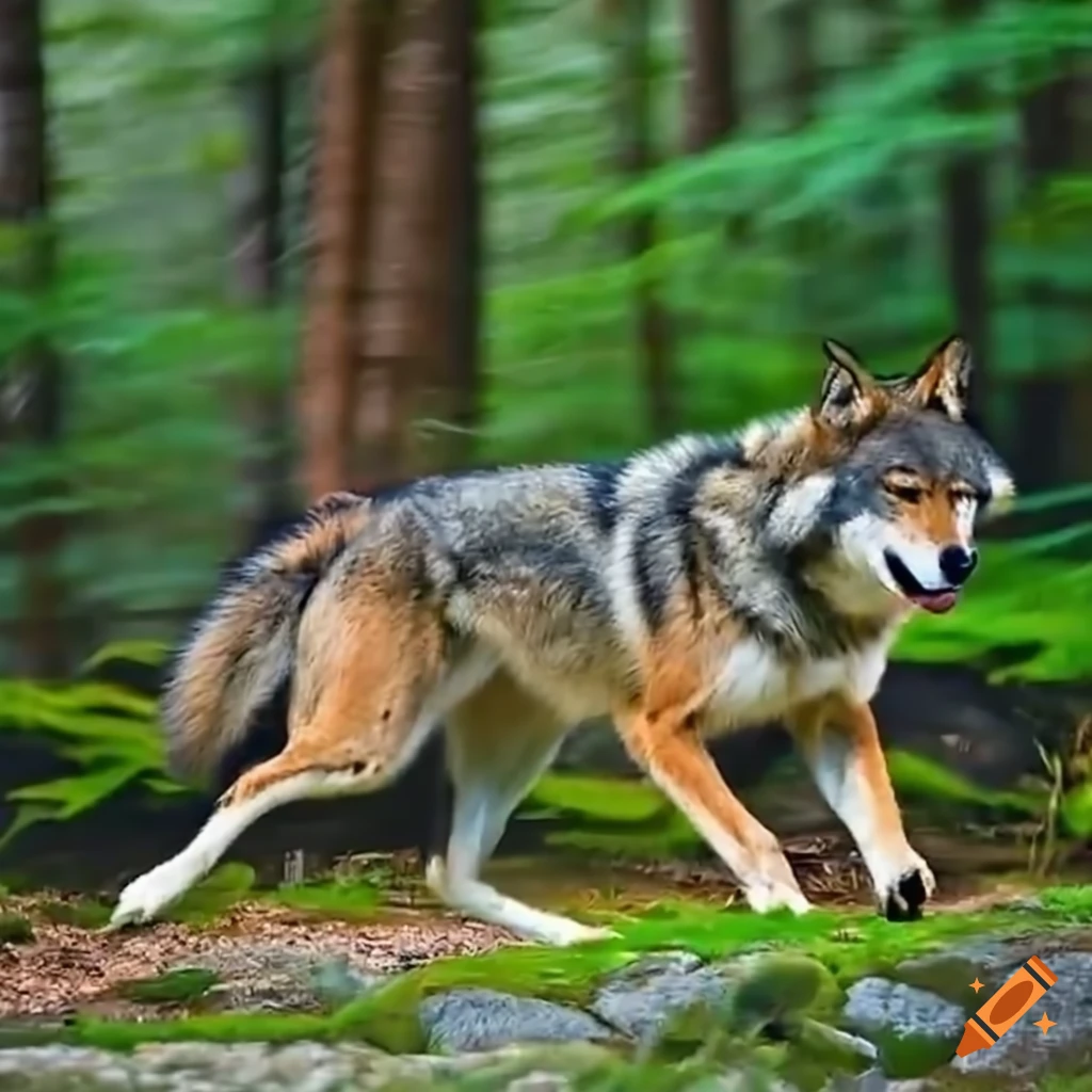 A majestic wolf sprinting through a lush forest