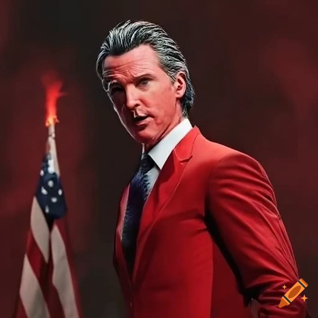 GAVIN NEWSOM dressed in Red, mocking Satan the Devil in hell on Craiyon