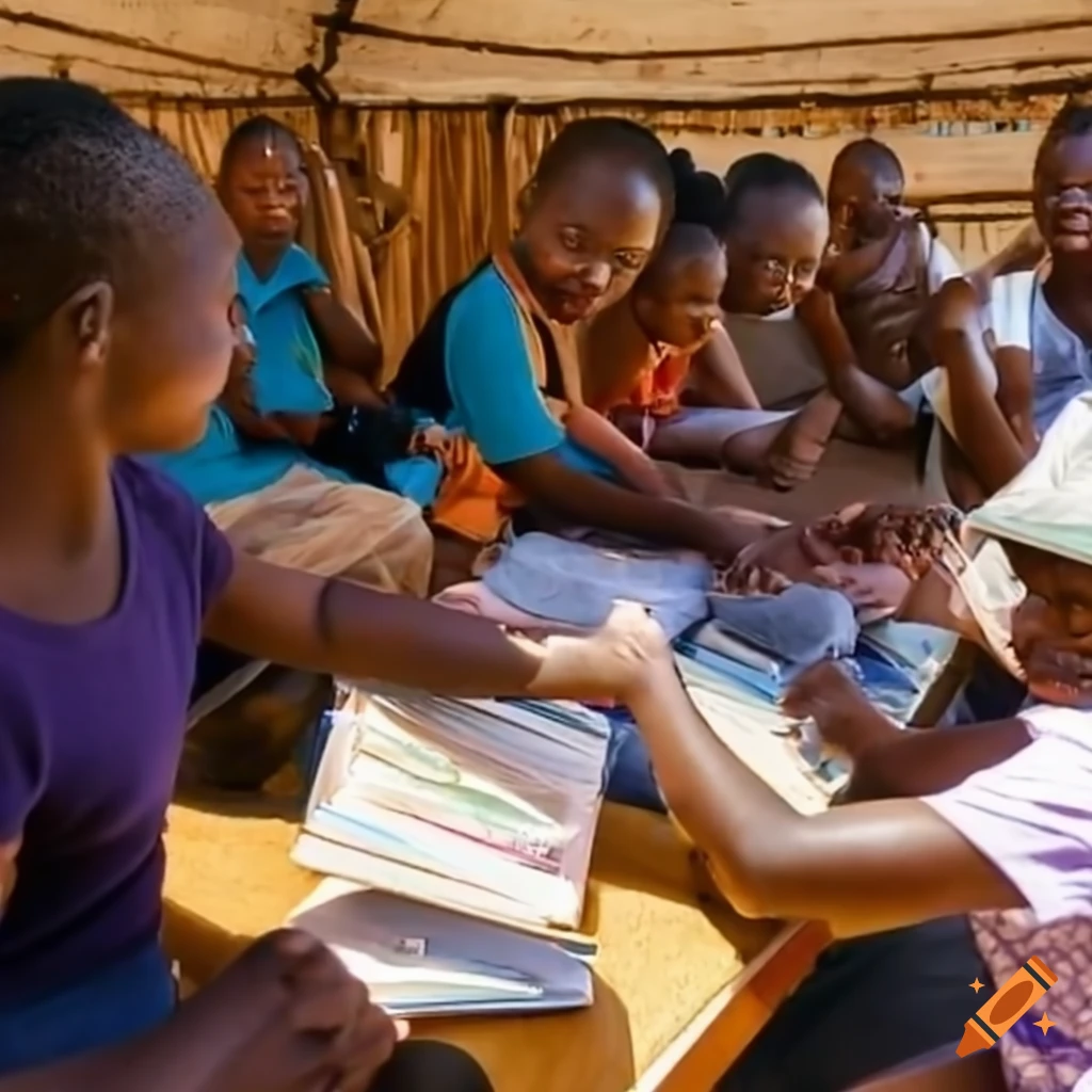 South african community training and education outside with books and ...