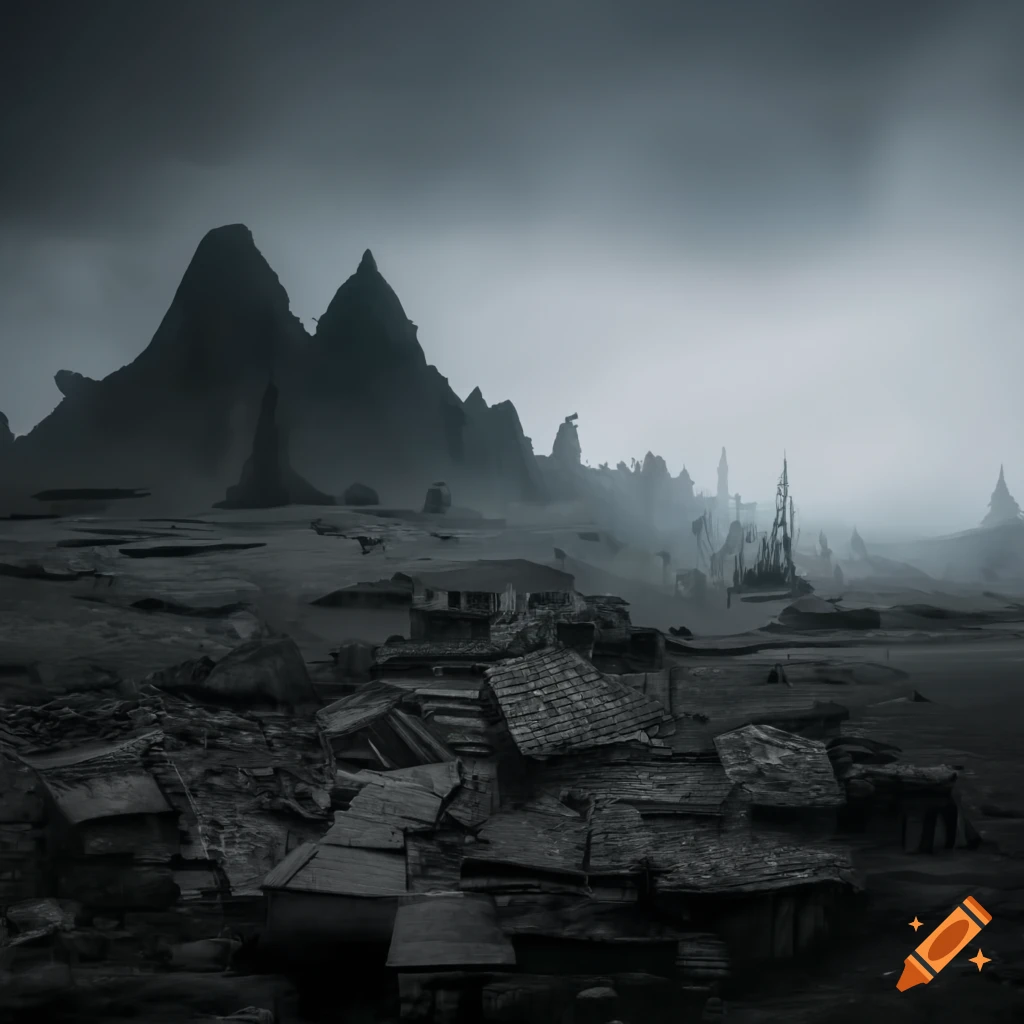 Desolate destroyed village, Fantasy, no people, covered in ash, giant ...
