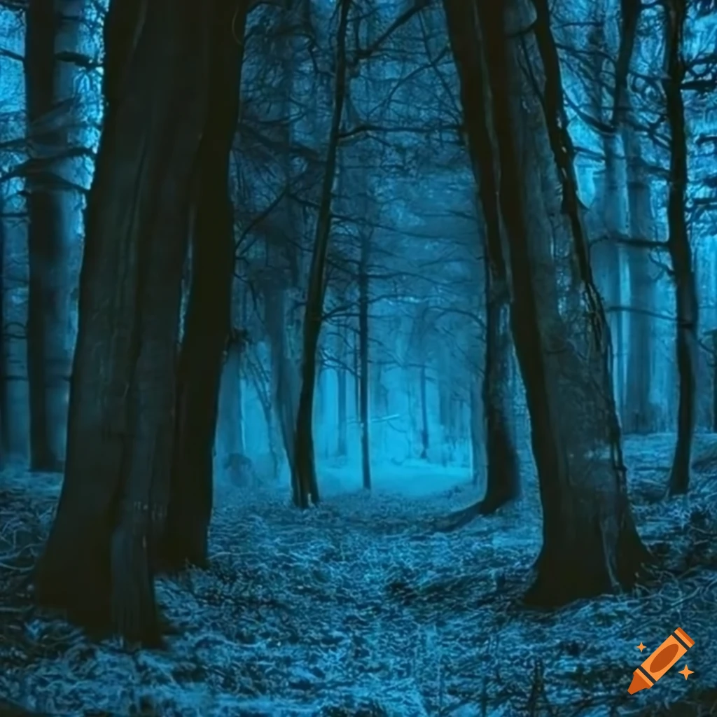 Creepy blue light in dark woods
