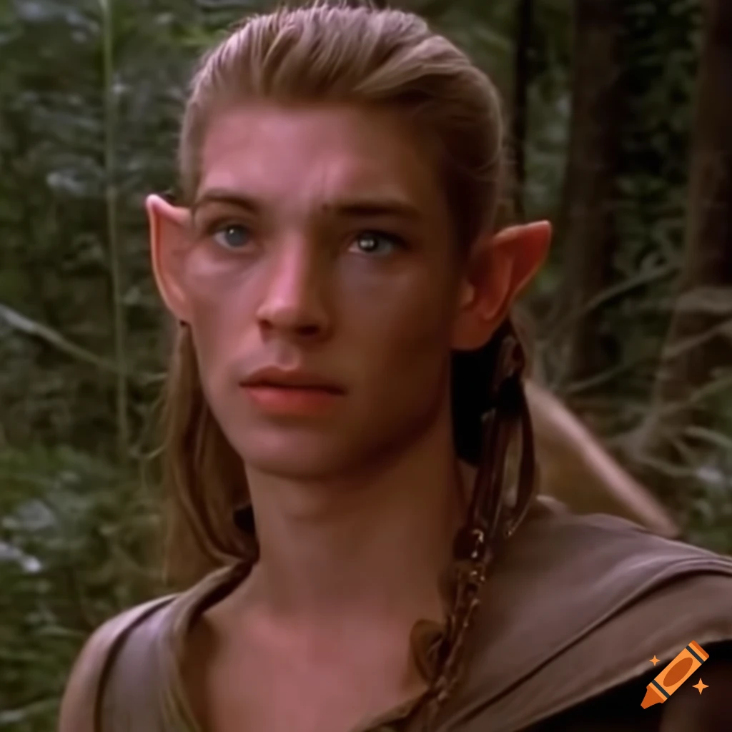 Male elven adventurer, screencap from a 1980s fantasy film on Craiyon